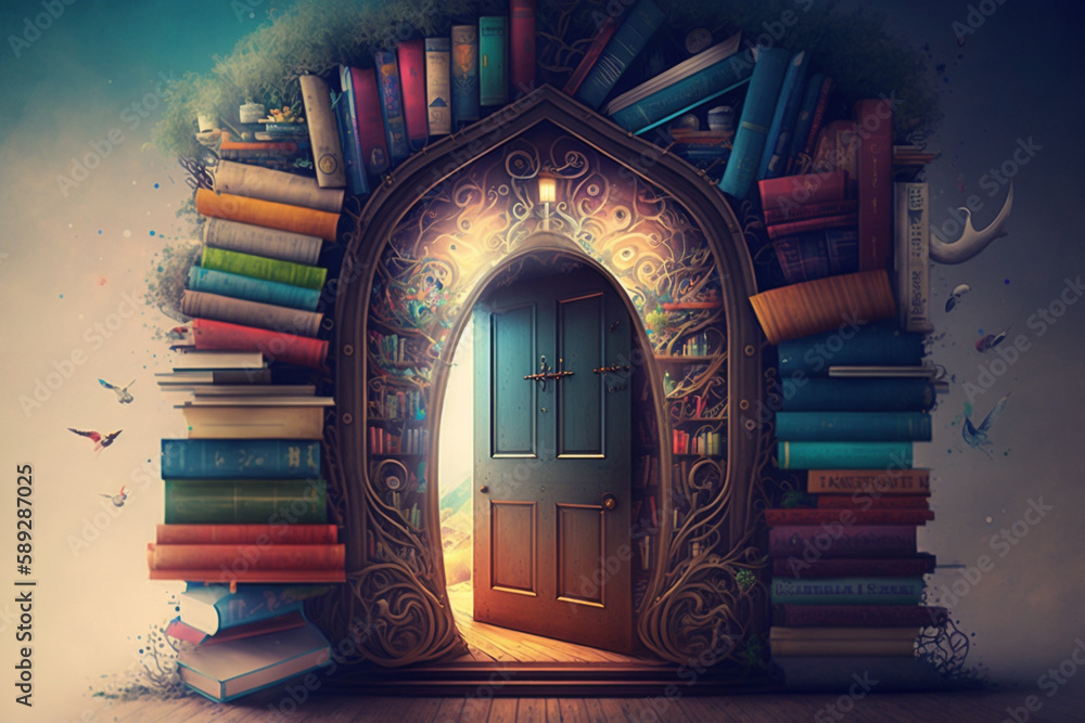 Generative AI of a magical door opening in a library with books. Stock ...