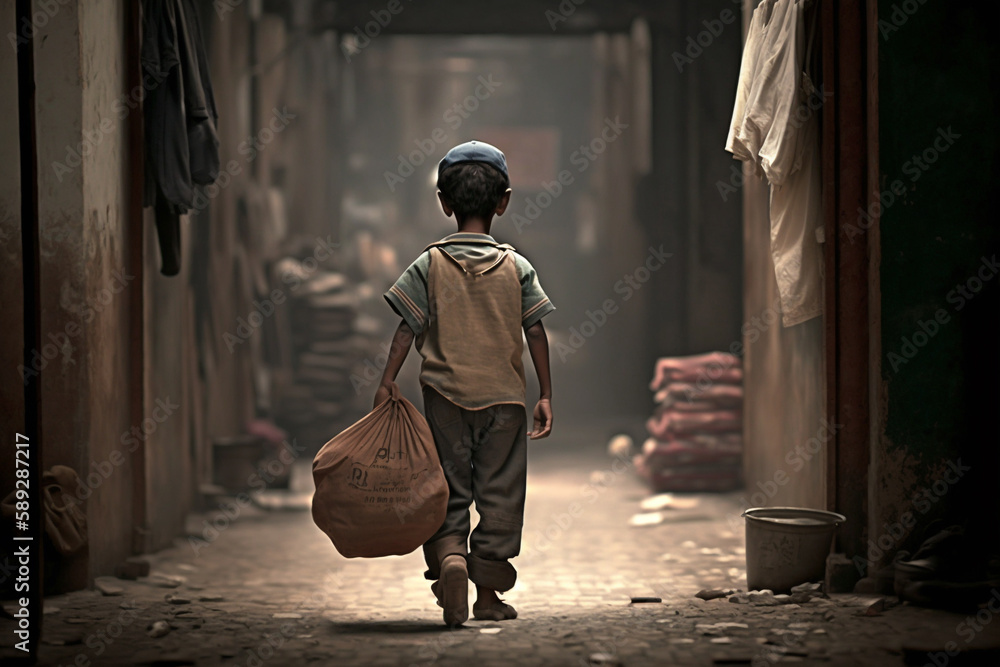 Generative AI of a poor child carrying a bag, image representing child ...