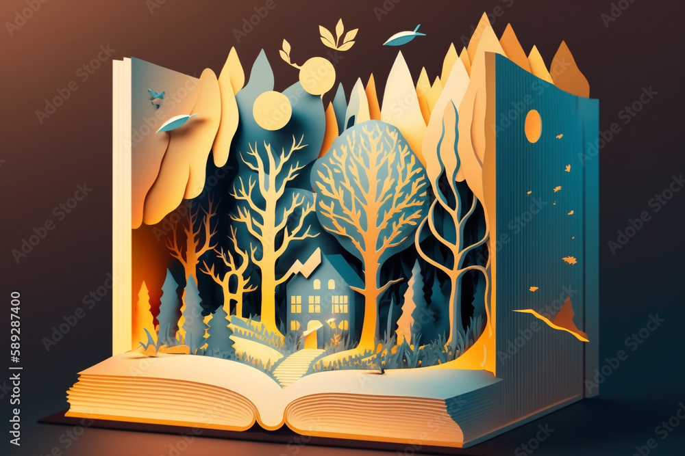 Generative AI of a beautiful story coming to life in a book. Paper art ...