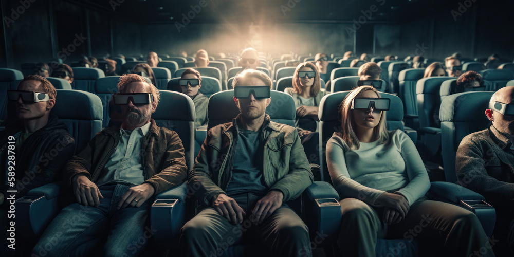 People wearing 3D glasses sit in the chairs watching movie. Audience in ...