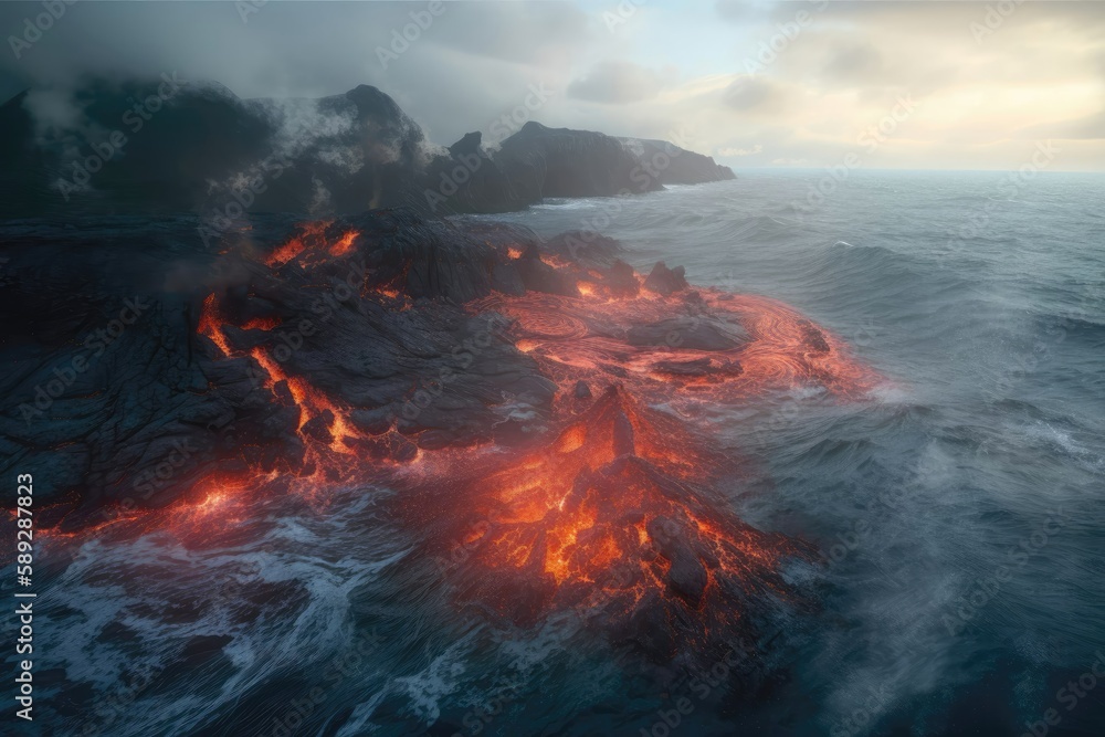 Daytime volcanic eruption on Reykjanes peninsula. Lava shoots up from ...