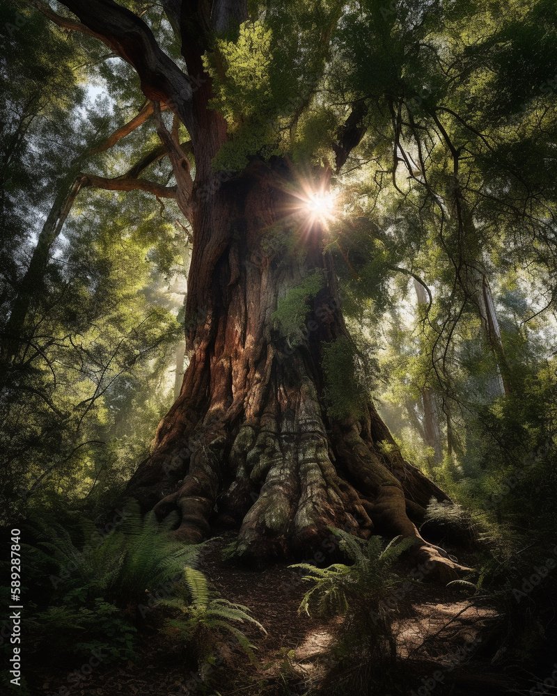 Forest overgrown with massive green faune and a big tree in the centre ...