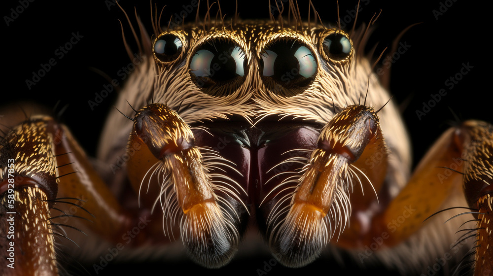 Extreme Close Up Macro Photograph Of A Spiders Head Showing The Glistening Spider Eyes And