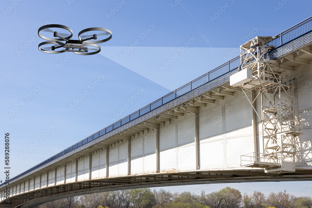 3d illustration drone inspecting bridge with lasers Stock Photo | Adobe ...