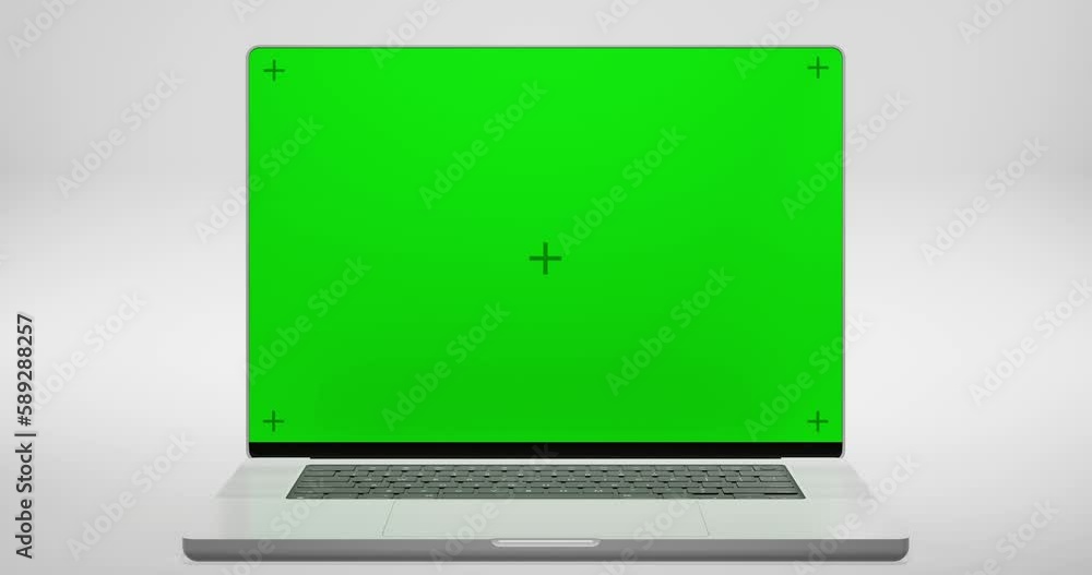 Green Screen Display Laptop Opens On A White Background. Empty Green ...