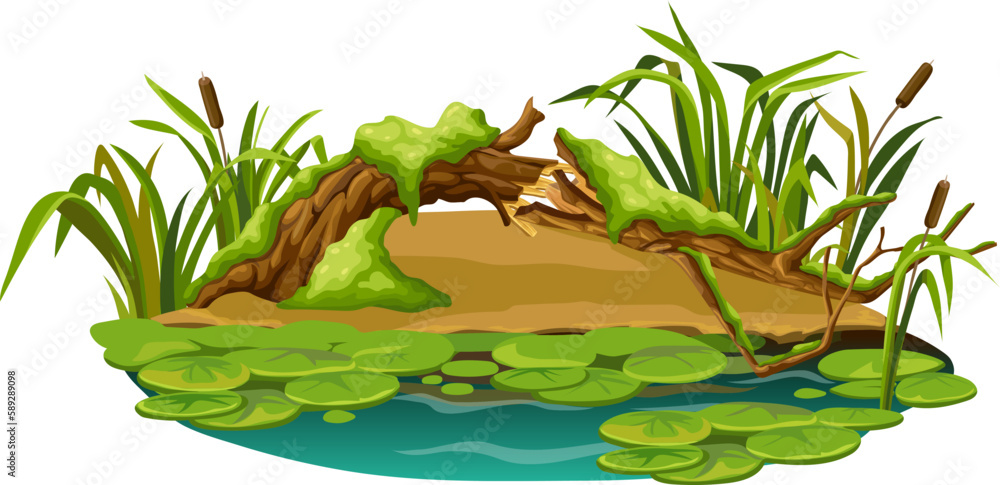 Stump in moss in marsh. Cartoon log in swamp jungle. Broken tree oak ...