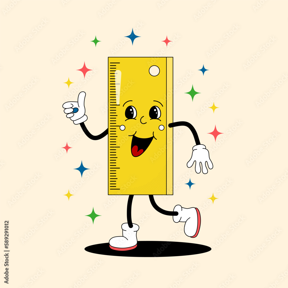 Comic flat yellow Ruler for with face on textured background. Vector ...