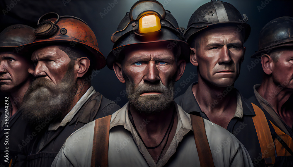 Group of miners wearing safety helmets standing in the mine. Team work ...