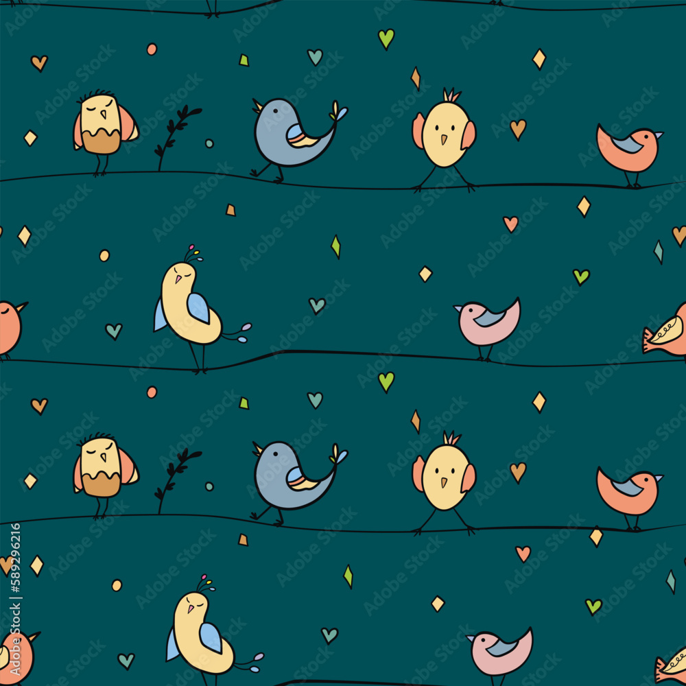 Seamless pattern with funny colorful birds sitting on wires. Color flat ...