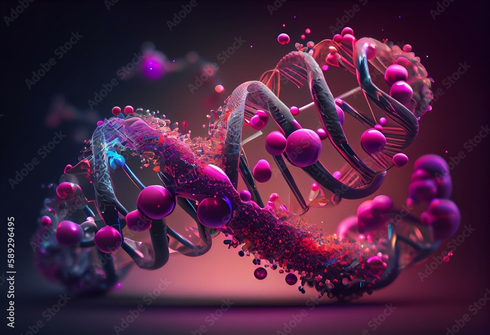 Ilustrace „Digital image of pink DNA molecule whirling with molecules ...