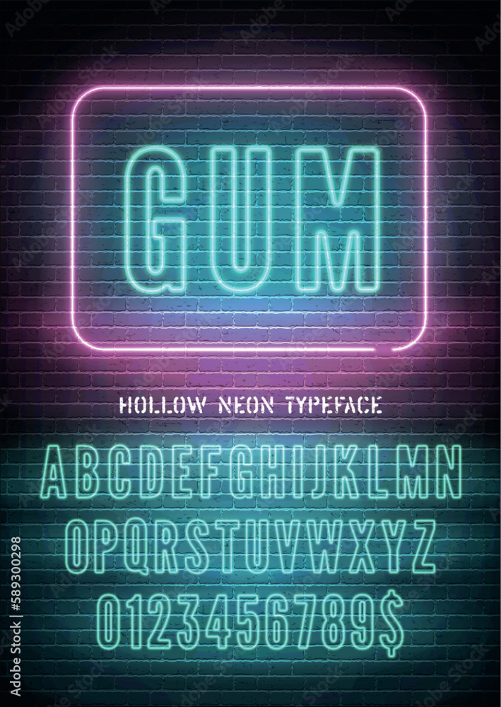 Night light extra glow font with numbers. Bubble Gum sign with blue ...