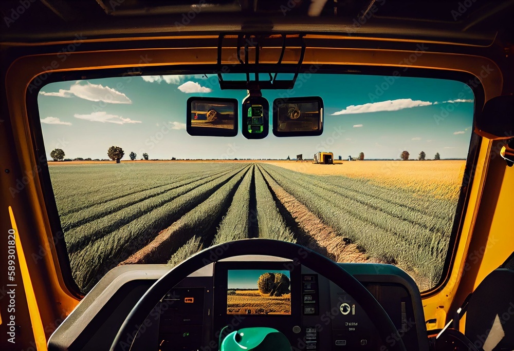 View from tractor cab on field. Harvester machine inside cabin, control ...