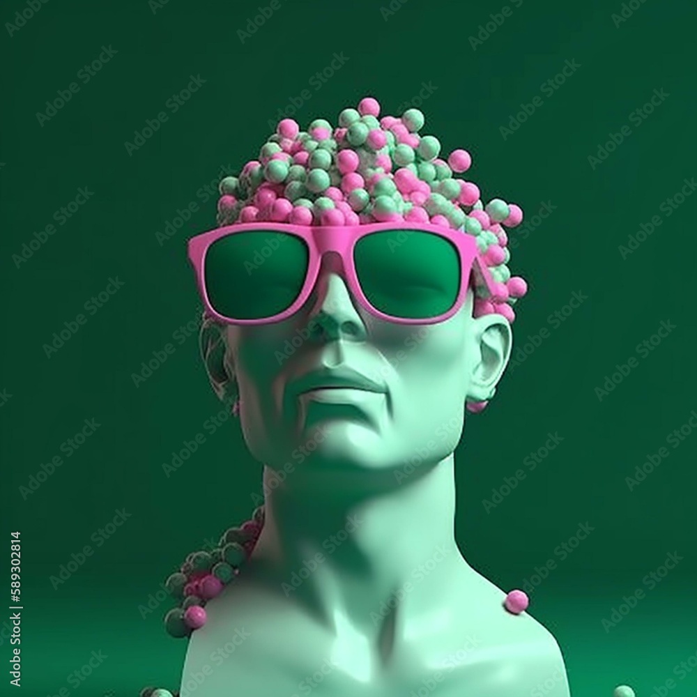 Minimal scene of sunglasses on human head sculpture with pink bubble ...
