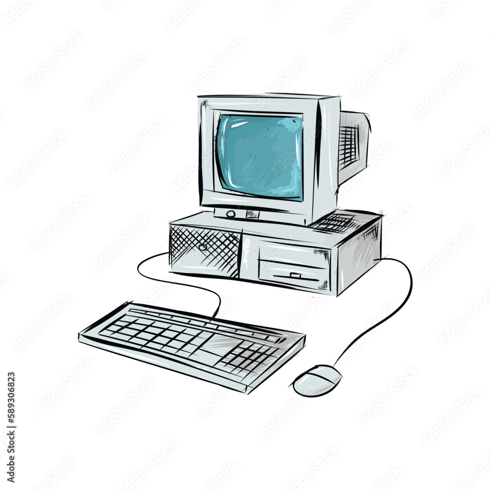 Vintage computer illustration, drawing, engraving, ink, line art ...