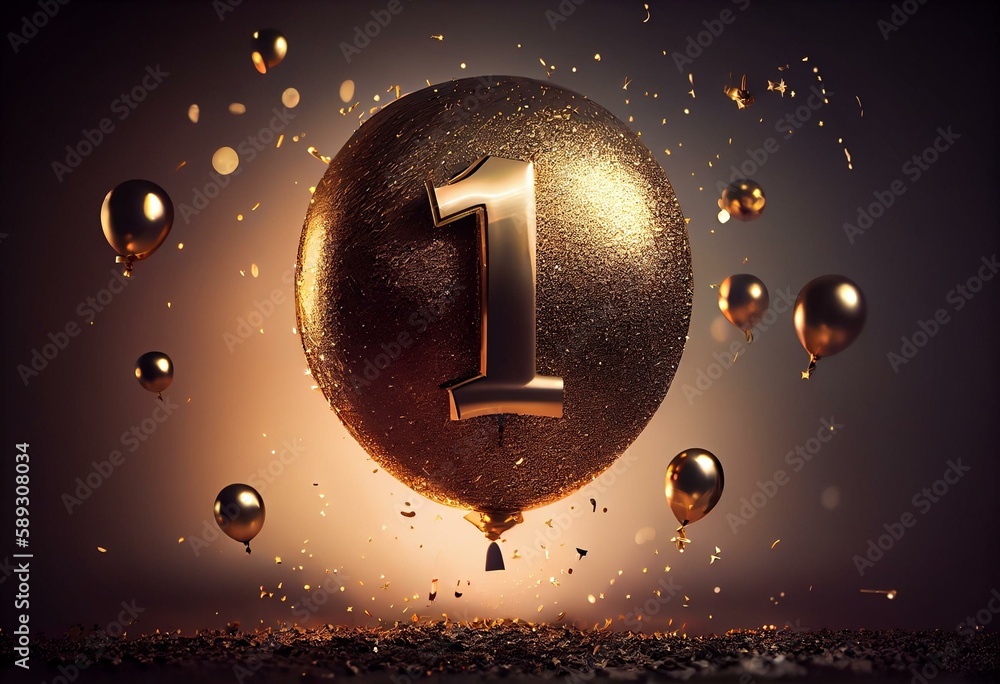 Golden number 1 is flying with golden confetti, gifts, mirror ball and ...