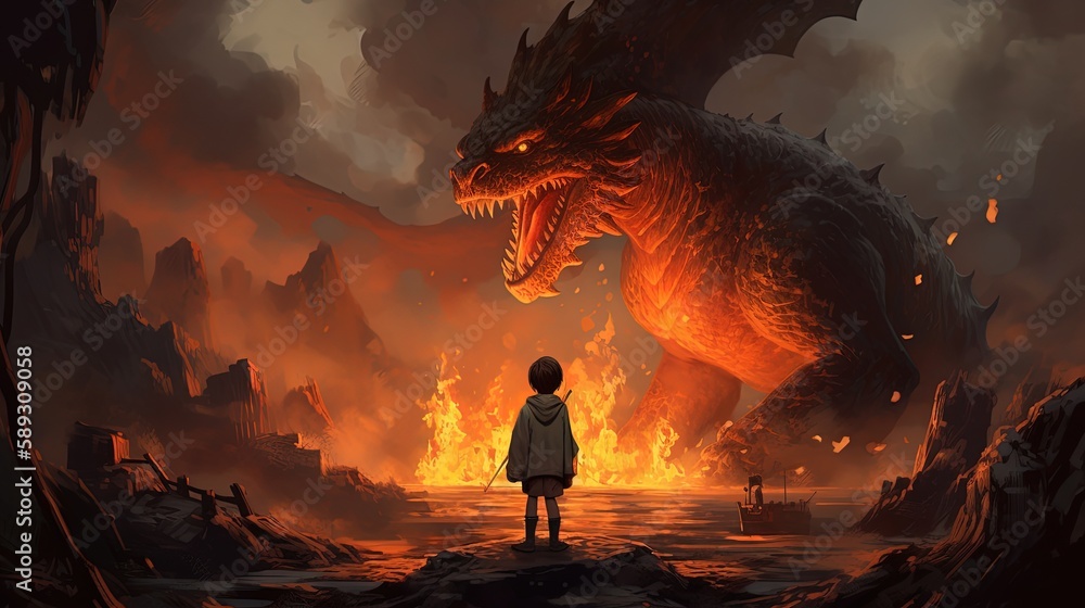 scary fairytale scene of a fire dragon invade village town, burnt down ...