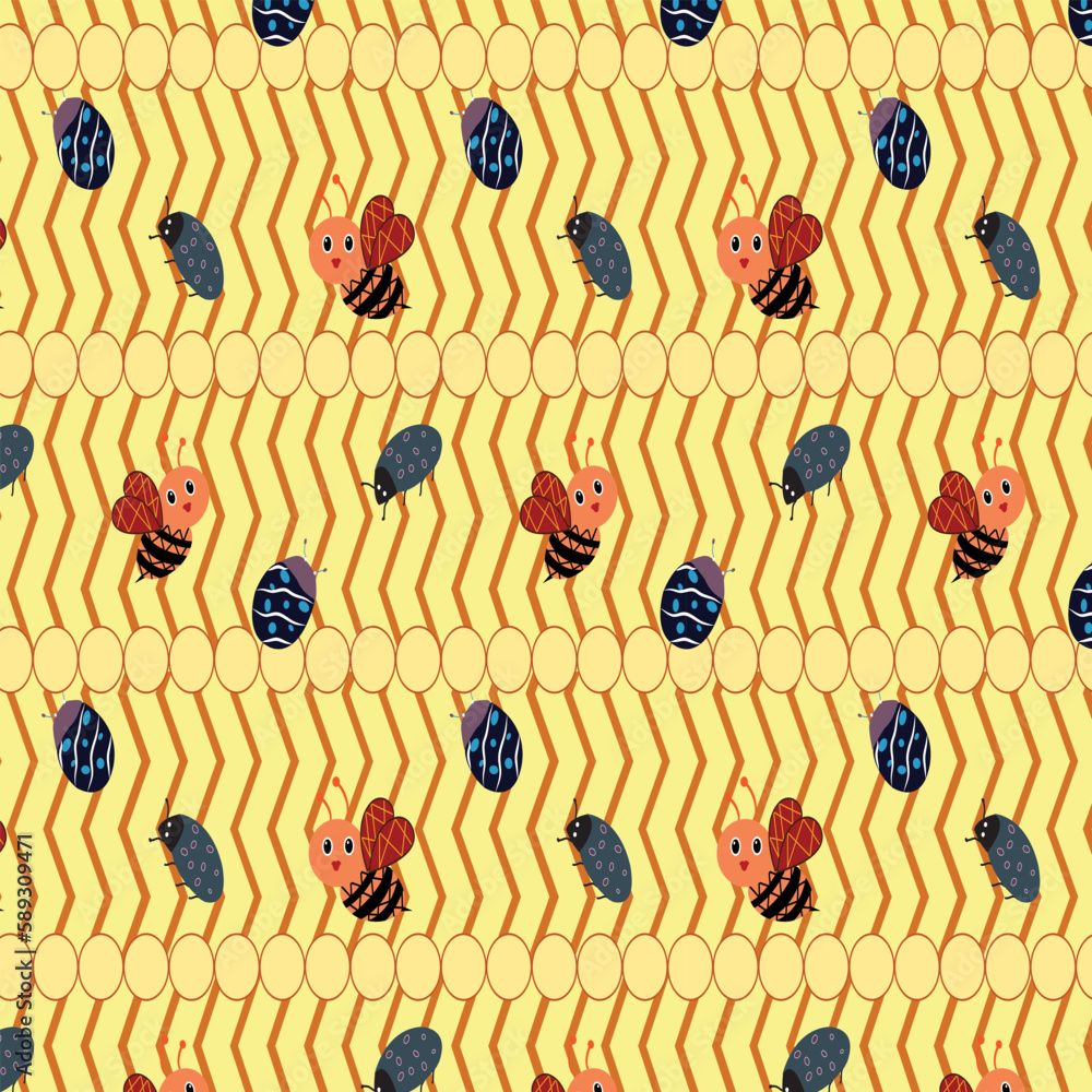 Seamless bugs vector repeat pattern with honey bee and lady bug. Stock ...