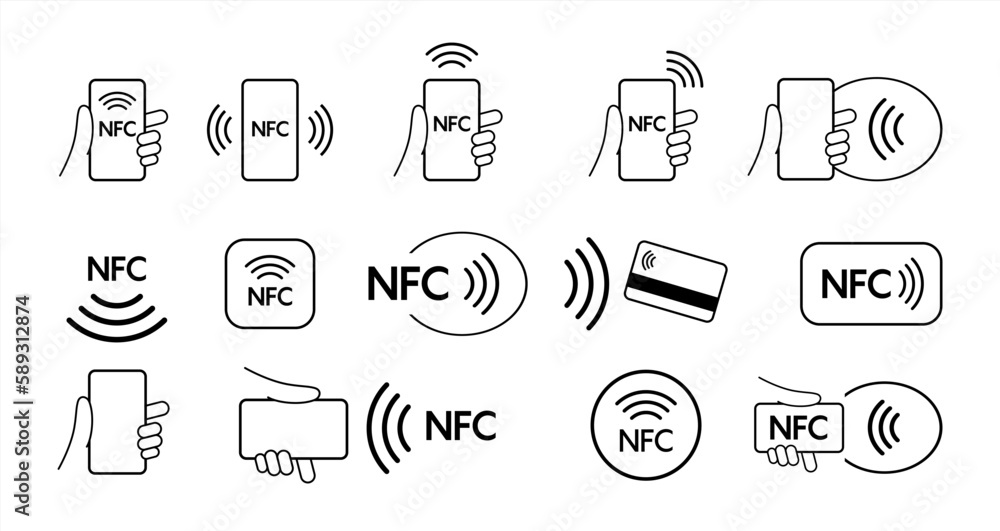 Set NFC wireless payment technology icon, contactless payment, credit card tap pay wave logo ...