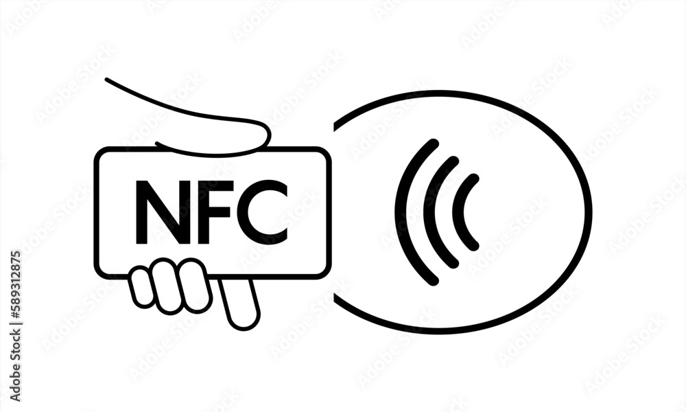 NFC technology. Hand holding Phone. Contactless wireless pay sign logo ...