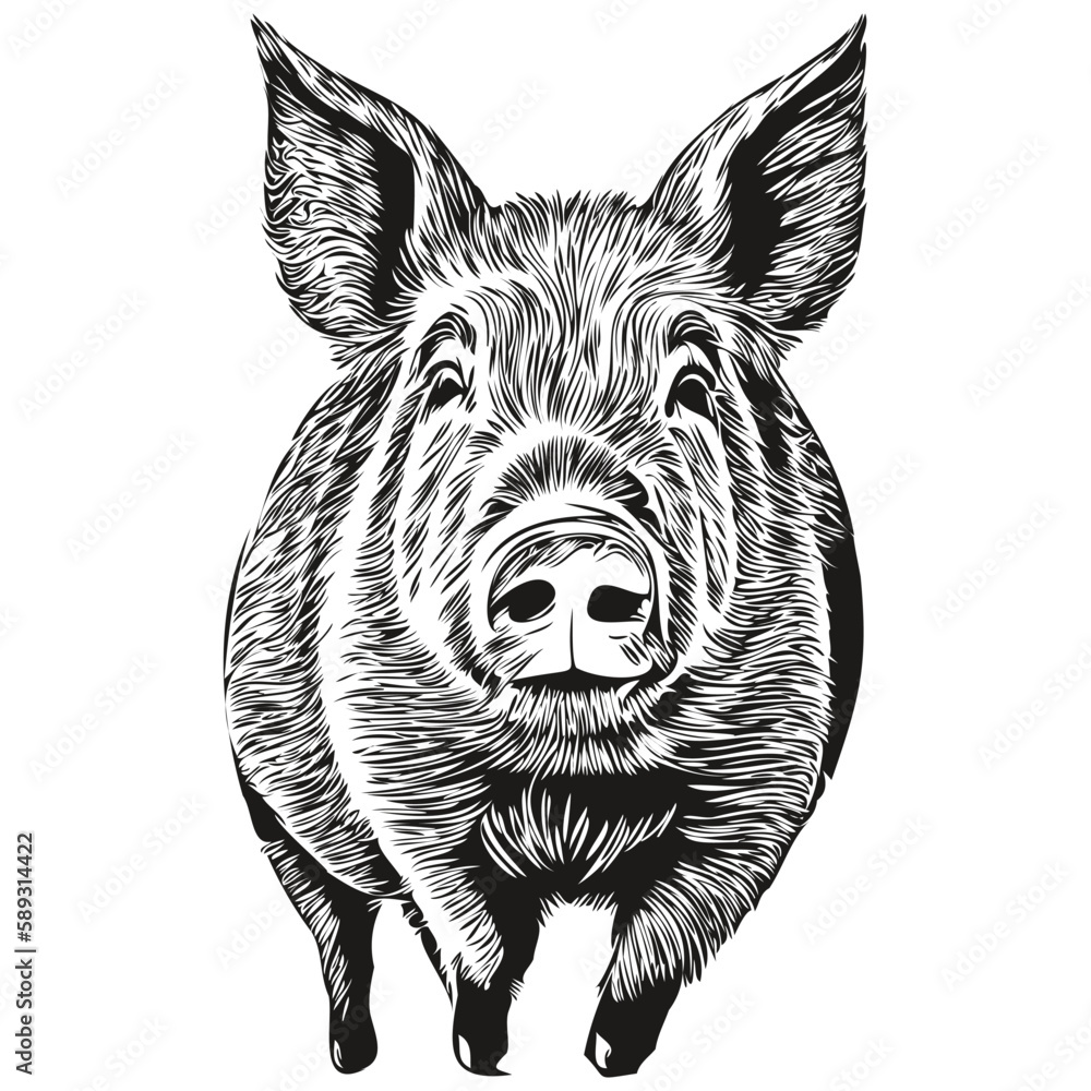 Pig vector illustration line art drawing black and white hog Stock ...