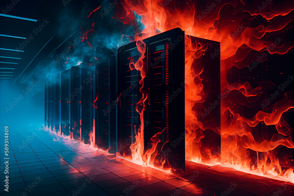 Short circuit in data center server, explosion and fire. Concept of ...