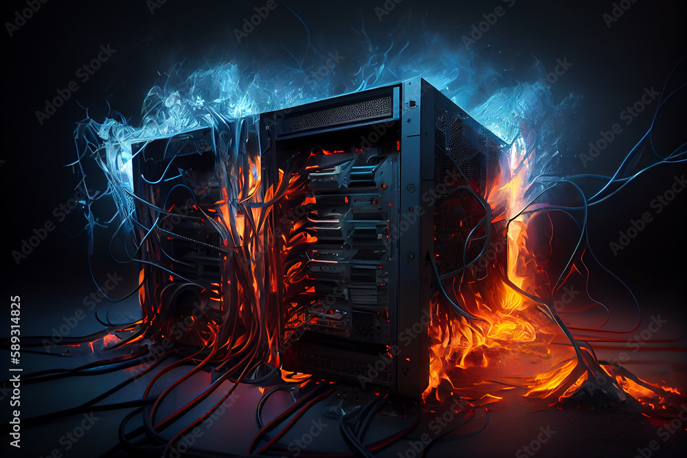Short circuit in data center server, explosion and fire. Concept of ...