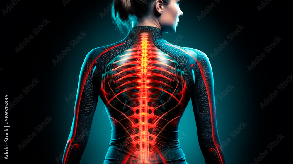 Women with back pain, sports injury and fitness, spine x-ray and ...