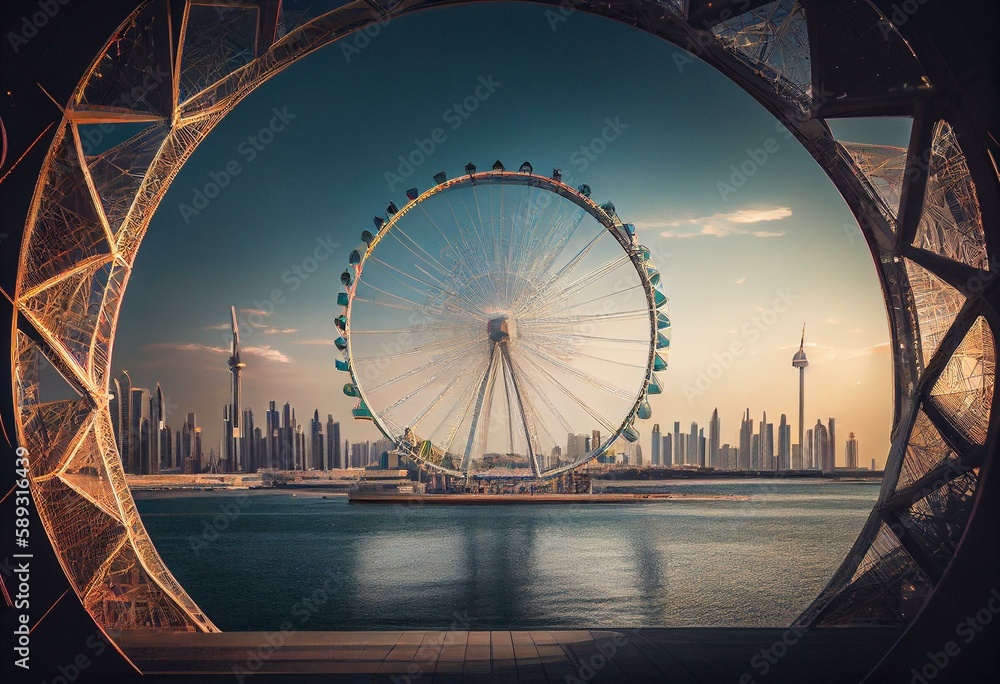 Ain Dubai ferris wheel on Bluewaters island with amazing Dubai skyline ...