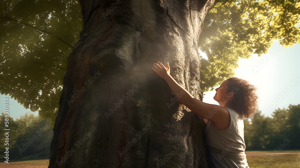 AI, generated, woman, tree, hug, nature, environment, digital art ...