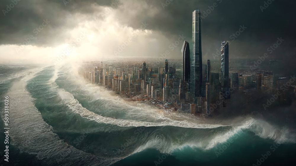 Tsunami hits modern city, giant sea waves attack tall buildings ...