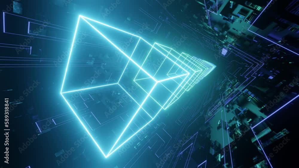 Hi-tech neon sci-fi tunel. Trendy neon glow lines form pattern and ...