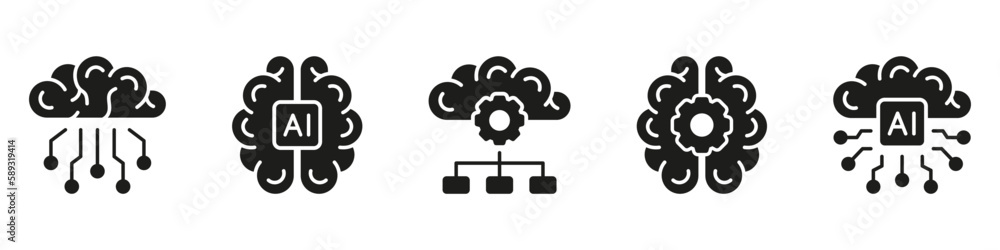 Digital Brain and Tech Science Solid Pictogram. Artificial Intelligence ...