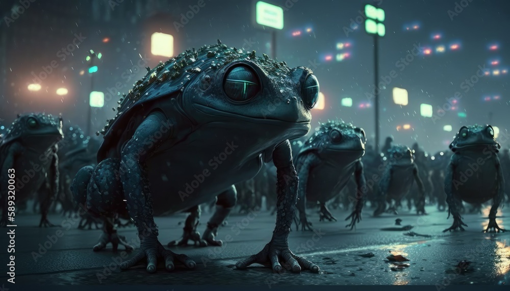 Toad and frog guard in cyberpunk style, in the night city. Army of ...