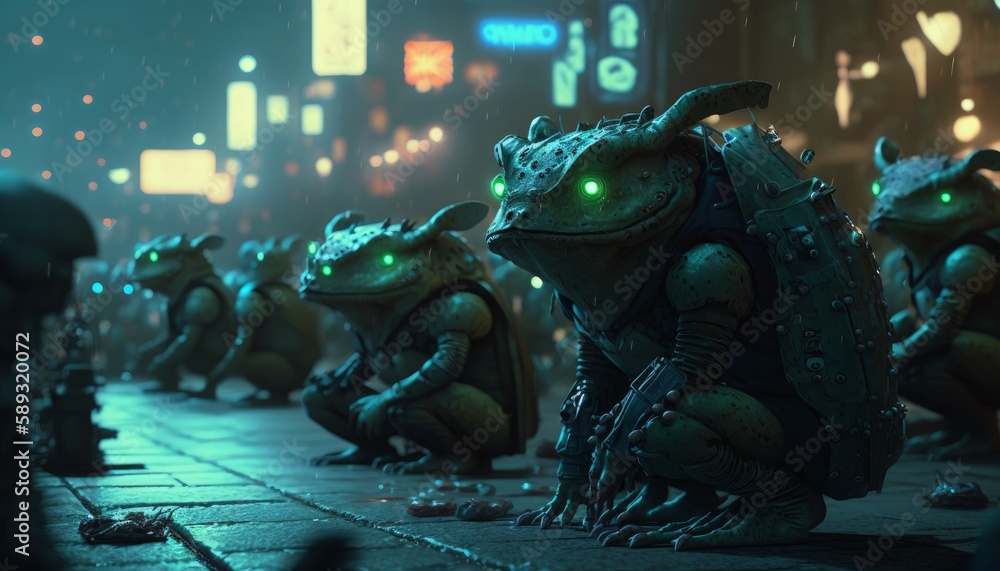Toad and frog guard in cyberpunk style, in the night city. Army of ...