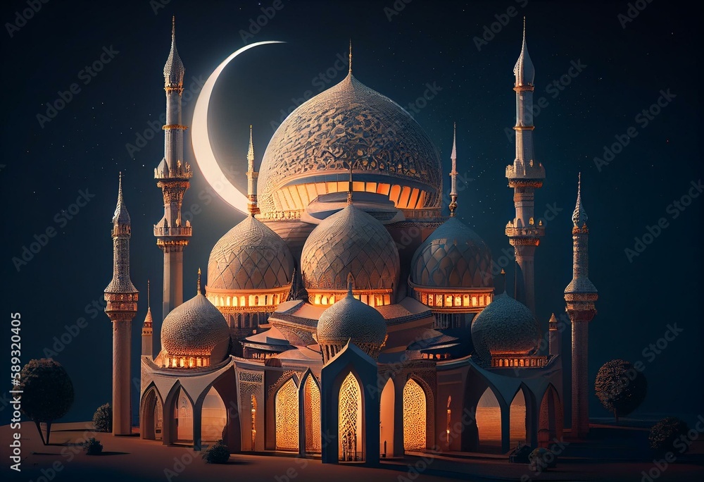 Magic architectural design illustration of a muslim mosque with domes ...