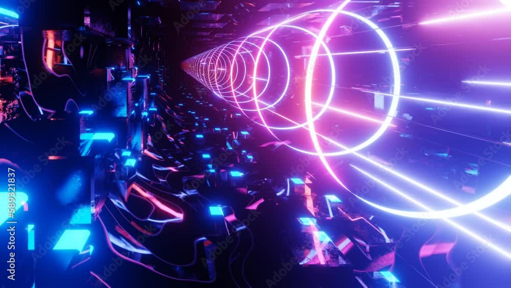 80's neon light style flight. Hi-tech neon sci-fi tunel. Trendy neon ...