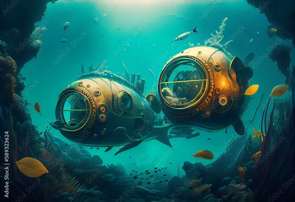 Futuristic submarines navigating underwater cities steampunk style ...