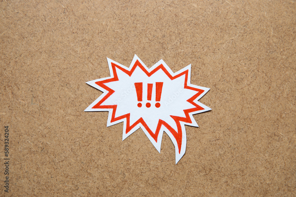Three red exclamation marks in speech bubble on neutral background ...