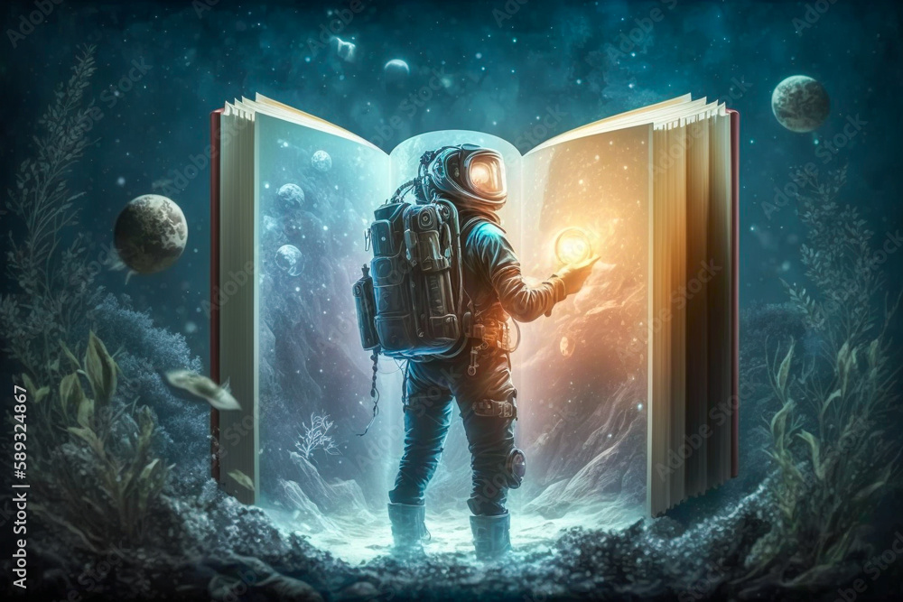 Astronaut or space traveler reading a spell book in deep sea or ...