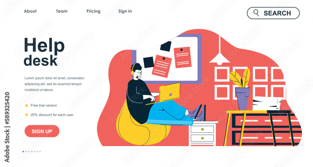 Vecteur Stock Help desk concept for landing page template. Operator in ... Vecteur Stock Help desk concept for landing page template. Operator in ...