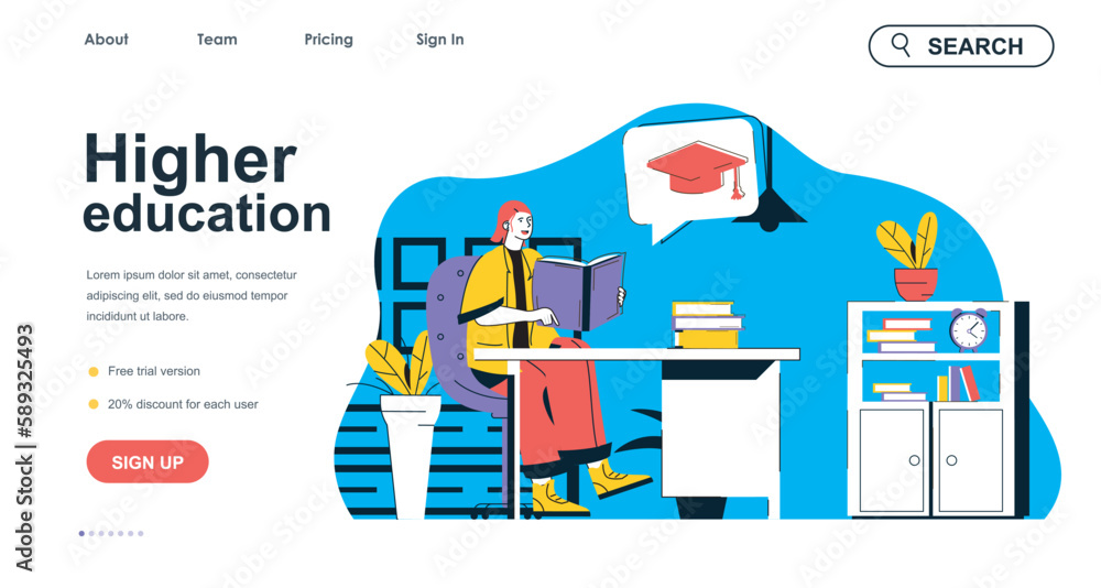 Higher education concept for landing page template. Student reads book ...