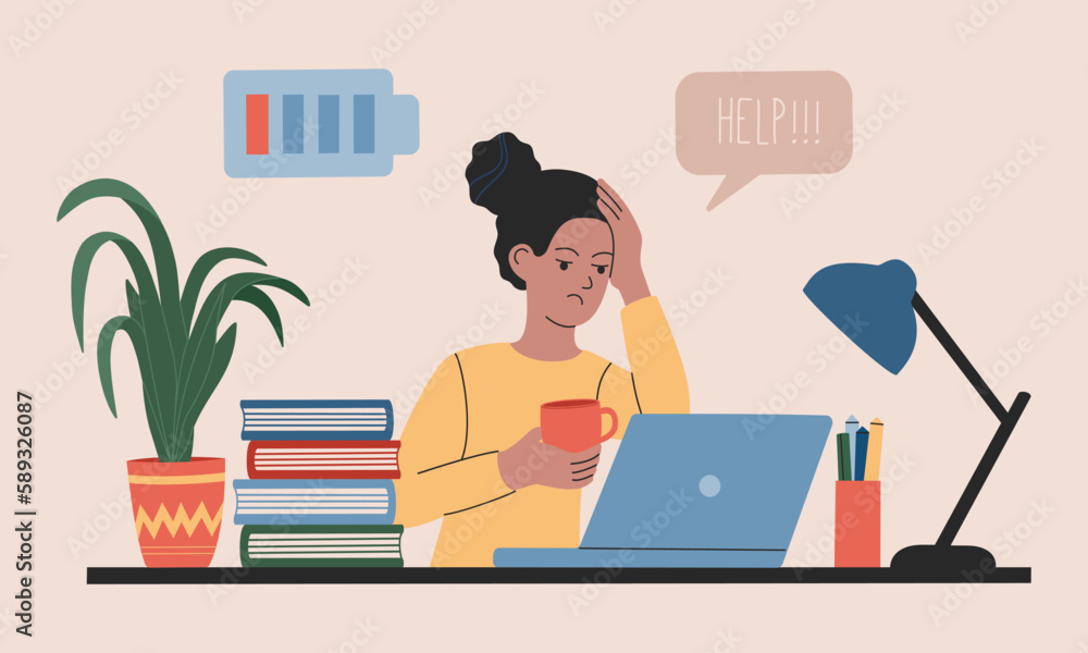 Young woman with low energy sits by the table with laptop, overworked ...