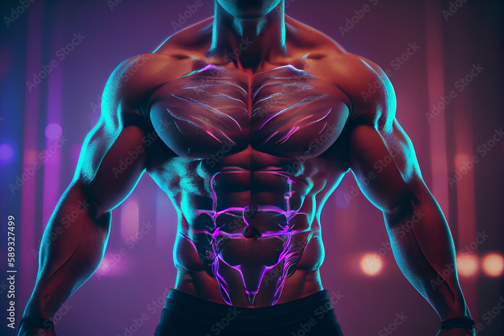 Sportive man bodybuilder is posing in the colorful neon light with ...