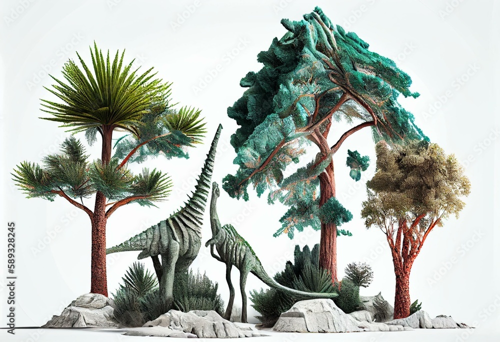 Trees of the mesozoic era isolated on white background 3D illustration ...