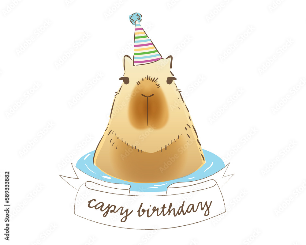 Capibara con gorro de cumpleaños en el agua y con letrero que dice capy ...