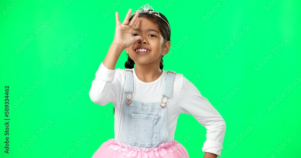 Princess, funny face and girl on green screen in studio isolated on ...