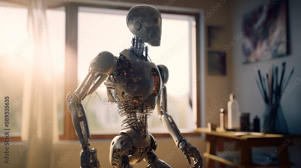 robot painter working in an artist room, futuristic Artificial ...