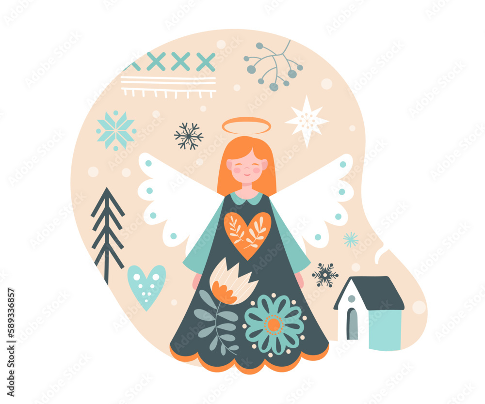 Scandinavian composition with angel. Silhouette of young girl with ...