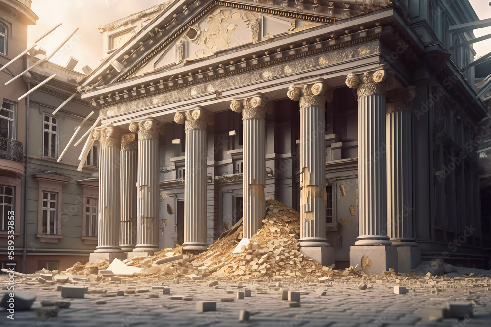destruction of a building with columns. bank building collapse. ai ...