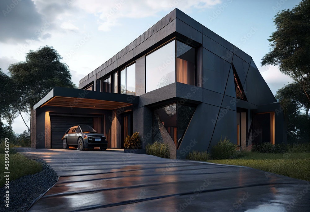 Modern house and big garage with concrete driveway. 3d illustration of ...